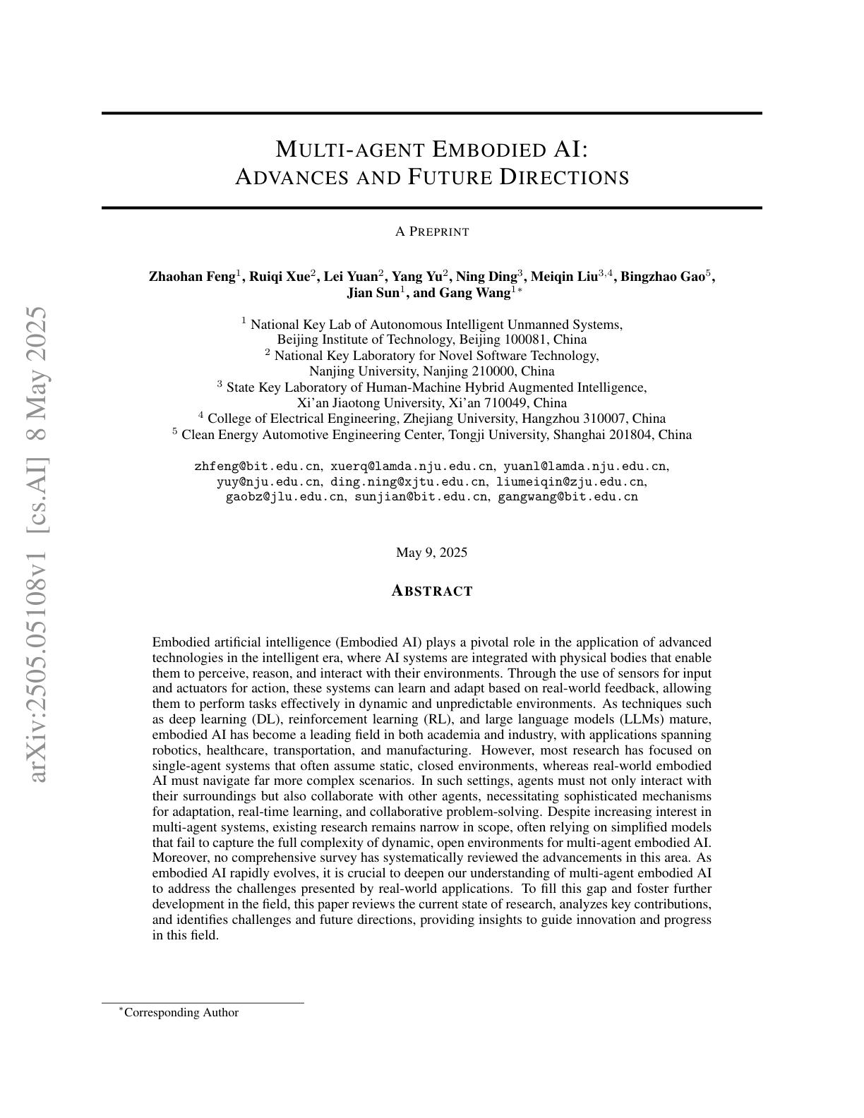 Multi-agent Embodied AI: Advances and Future Directions