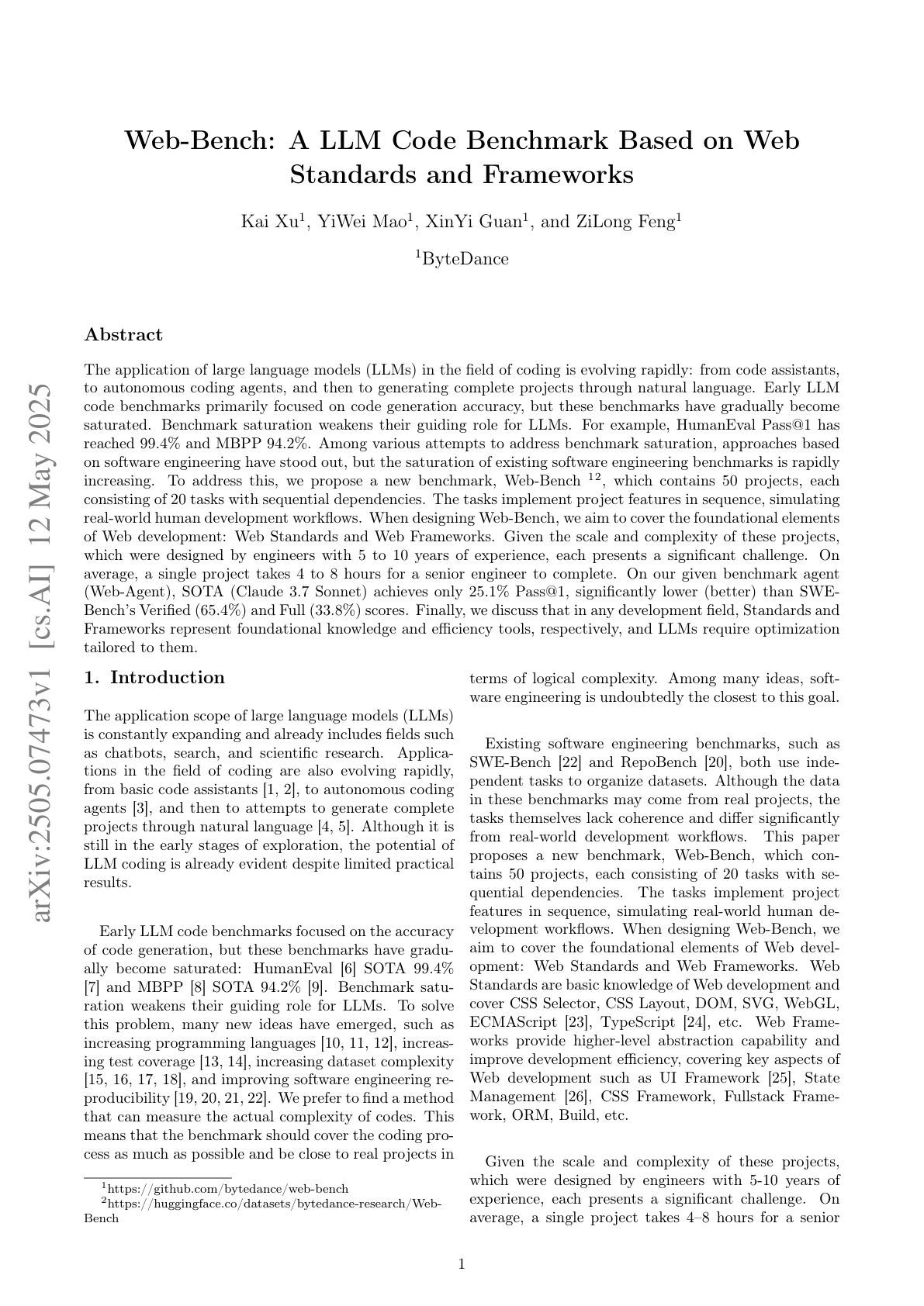 Web-Bench: A LLM Code Benchmark Based on Web Standards and Frameworks