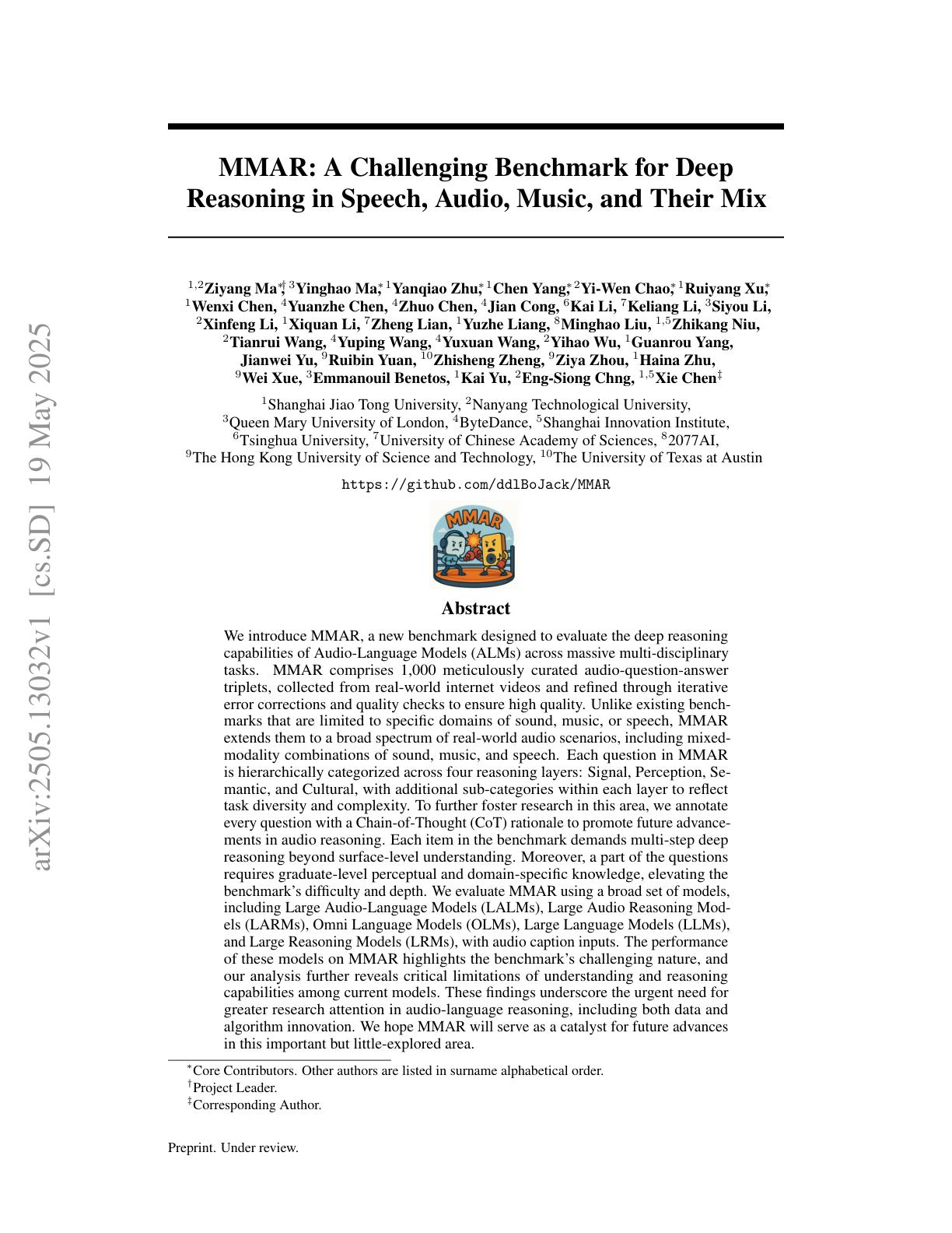 MMAR: A Challenging Benchmark for Deep Reasoning in Speech, Audio ...