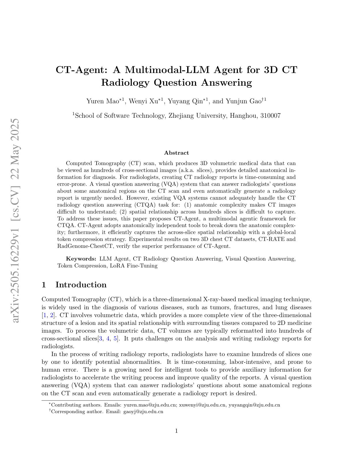 CT-Agent: A Multimodal-LLM Agent for 3D CT Radiology Question Answering