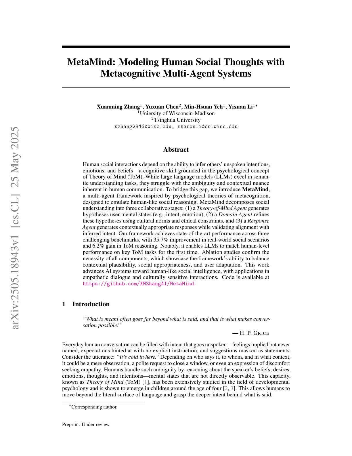 MetaMind: Modeling Human Social Thoughts with Metacognitive Multi-Agent ...