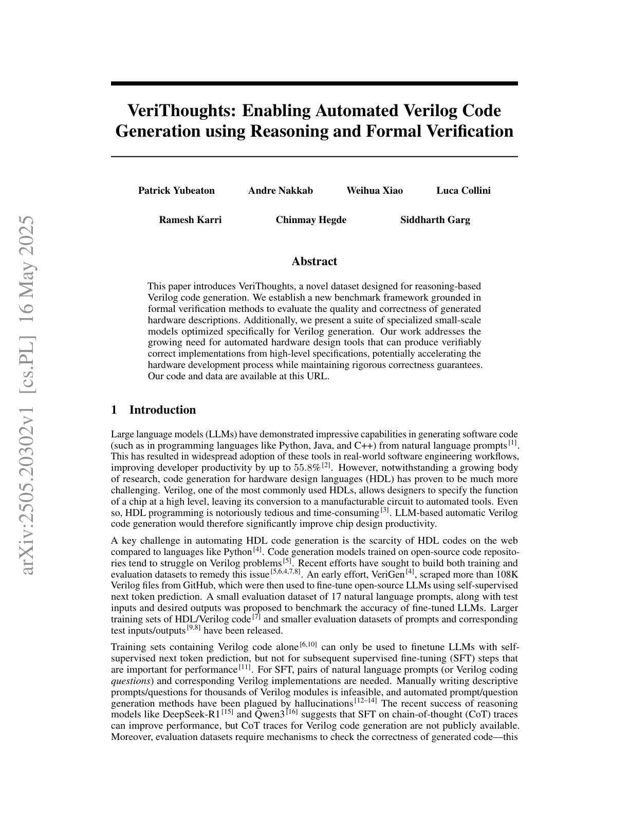 VeriThoughts: Enabling Automated Verilog Code Generation using ...
