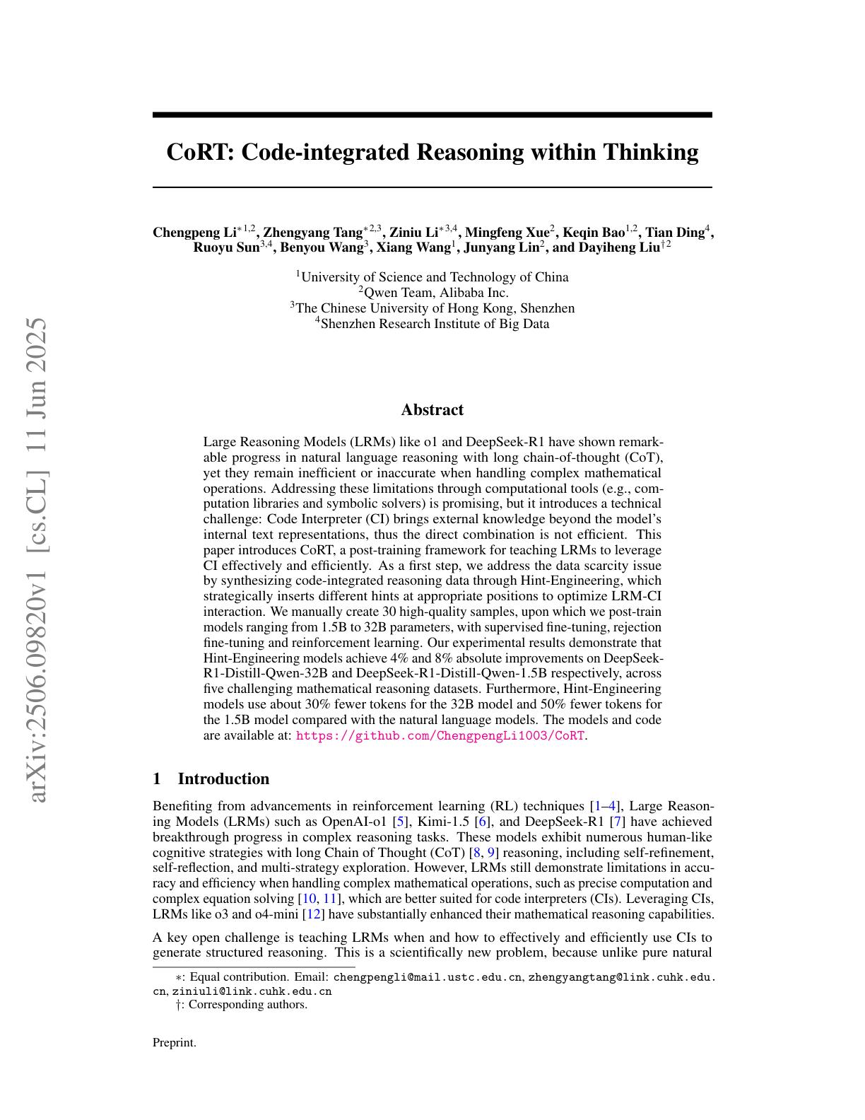 CoRT: Code-integrated Reasoning within Thinking