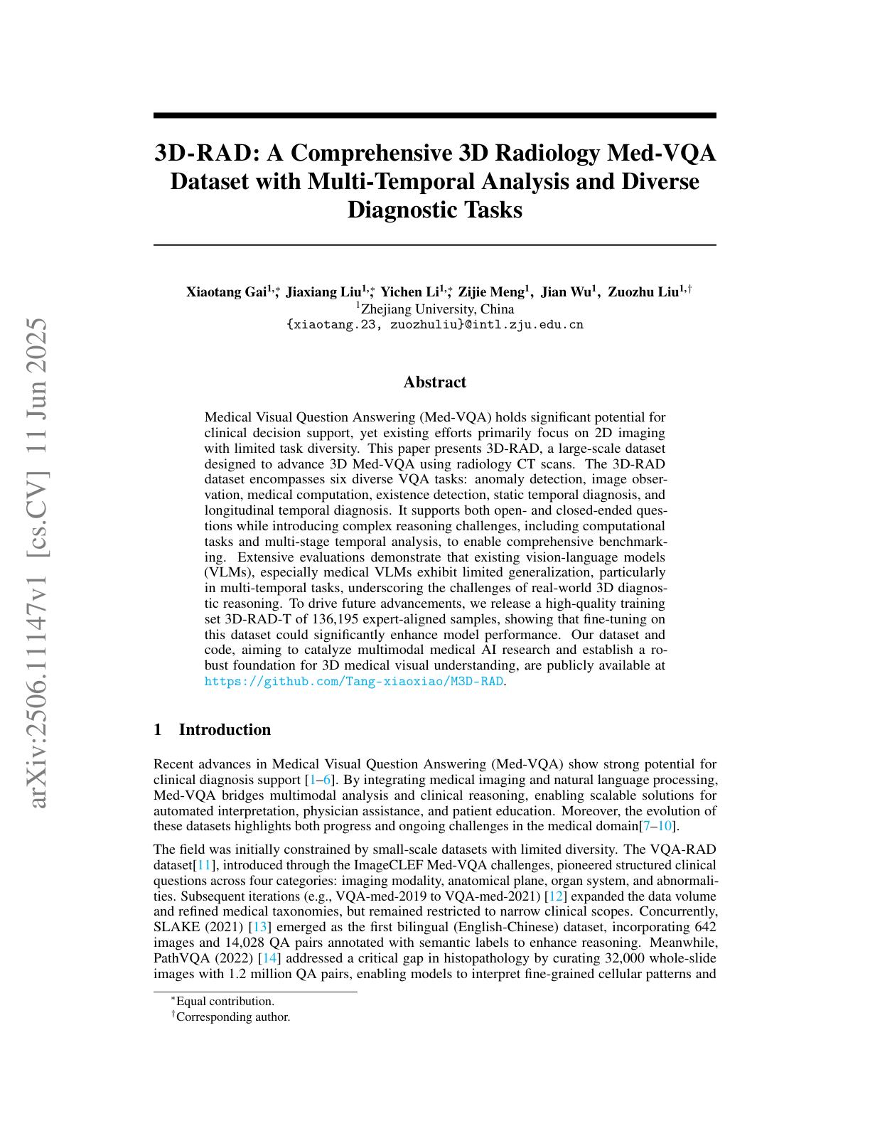 3D-RAD: A Comprehensive 3D Radiology Med-VQA Dataset with Multi ...