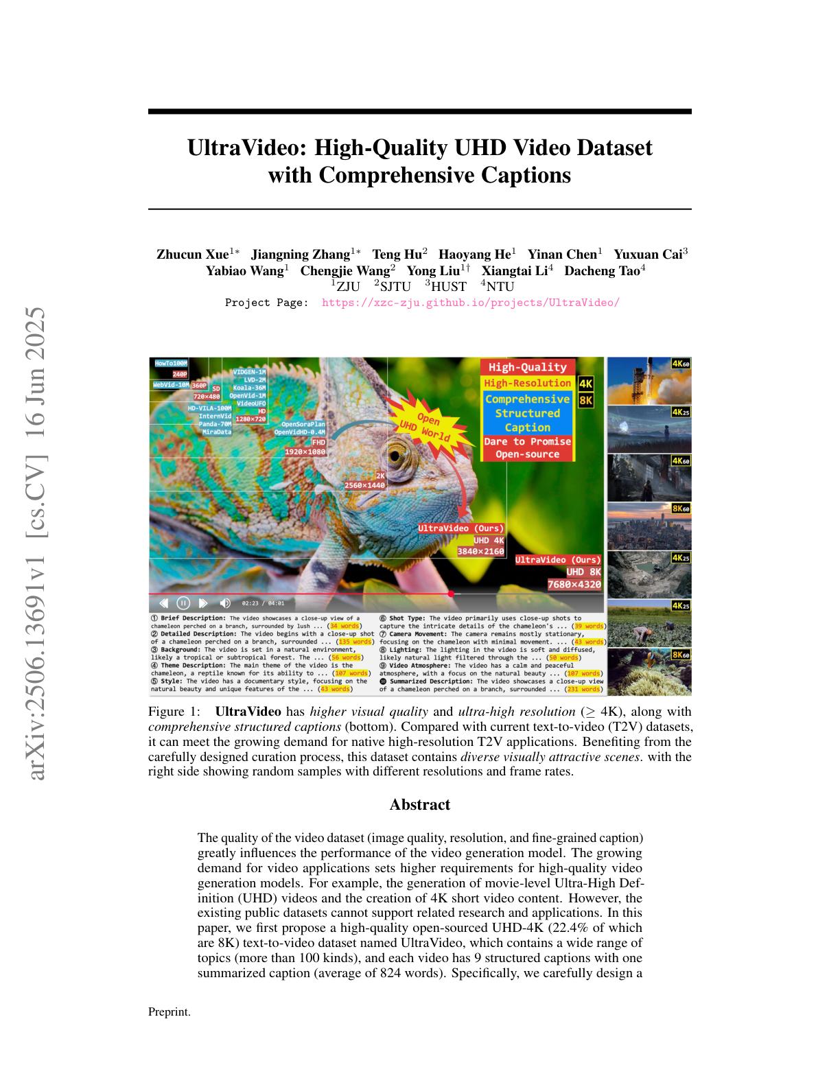 UltraVideo: High-Quality UHD Video Dataset with Comprehensive Captions
