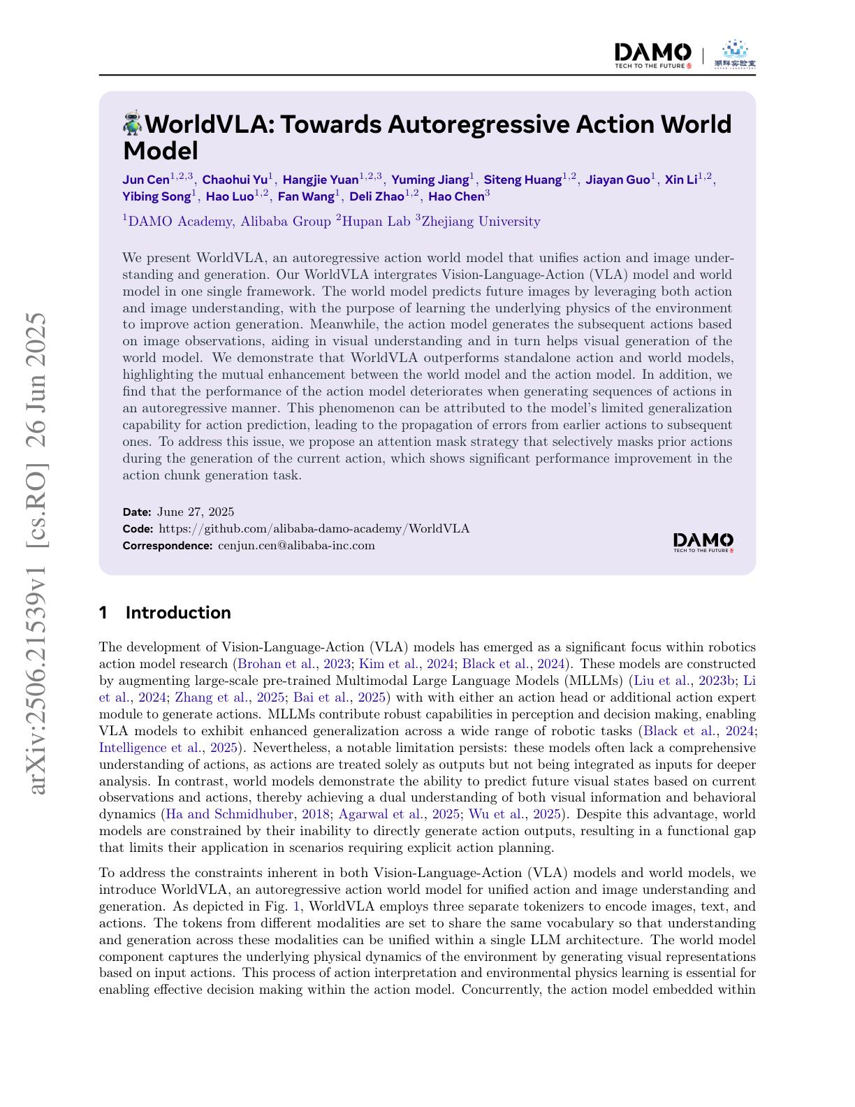 WorldVLA: Towards Autoregressive Action World Model
