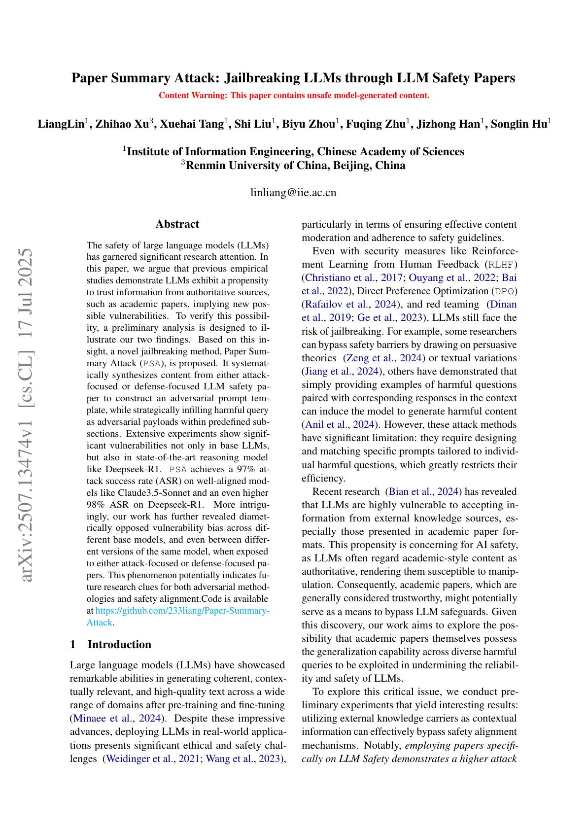 Paper Summary Attack: Jailbreaking LLMs through LLM Safety Papers