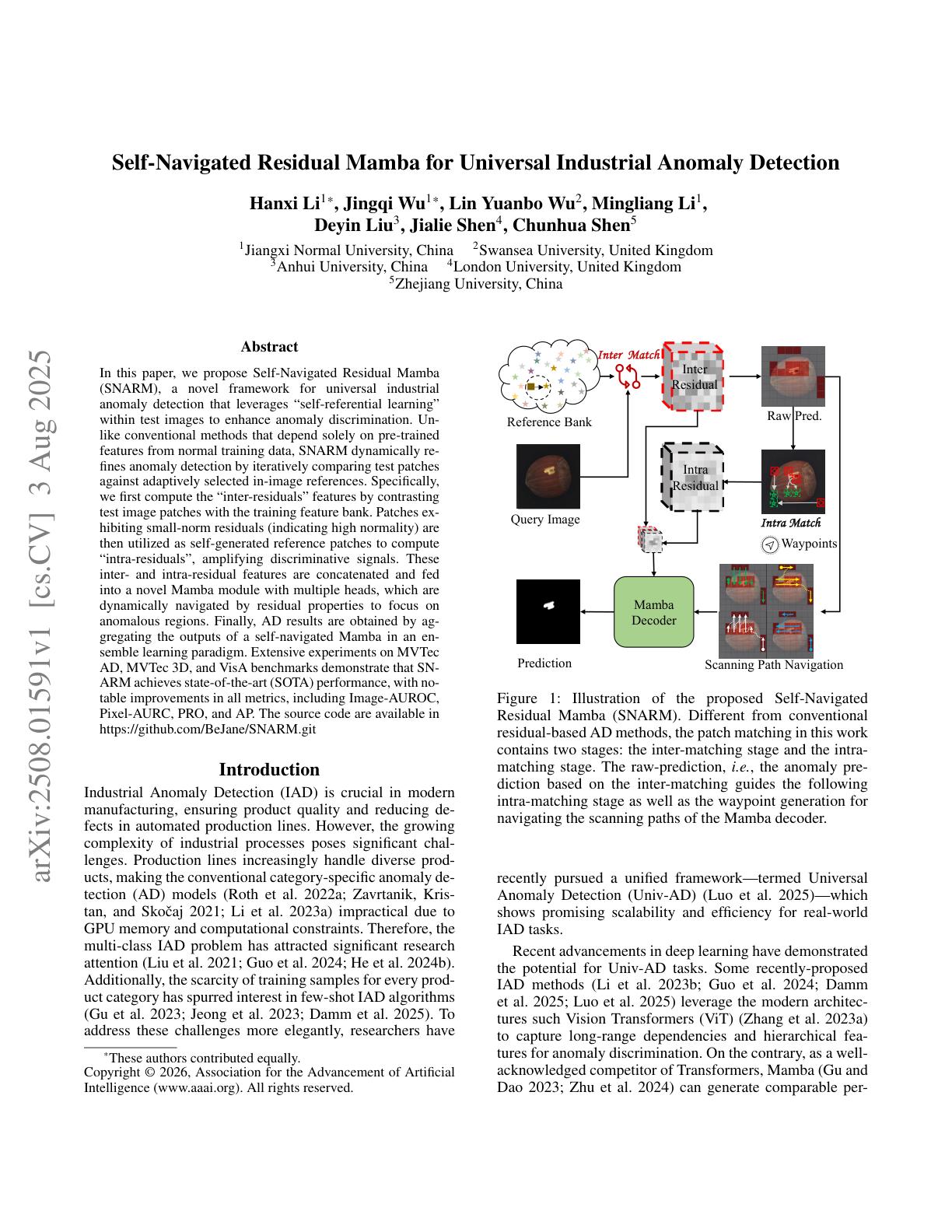 Self-Navigated Residual Mamba for Universal Industrial Anomaly Detection