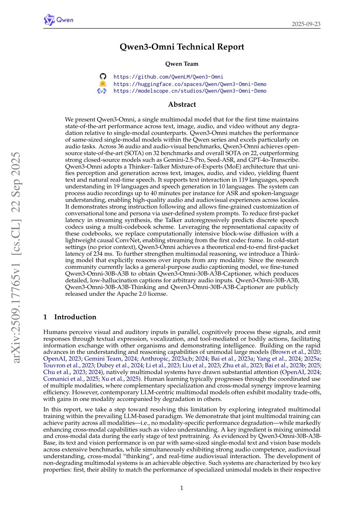 Qwen3-Omni Technical Report