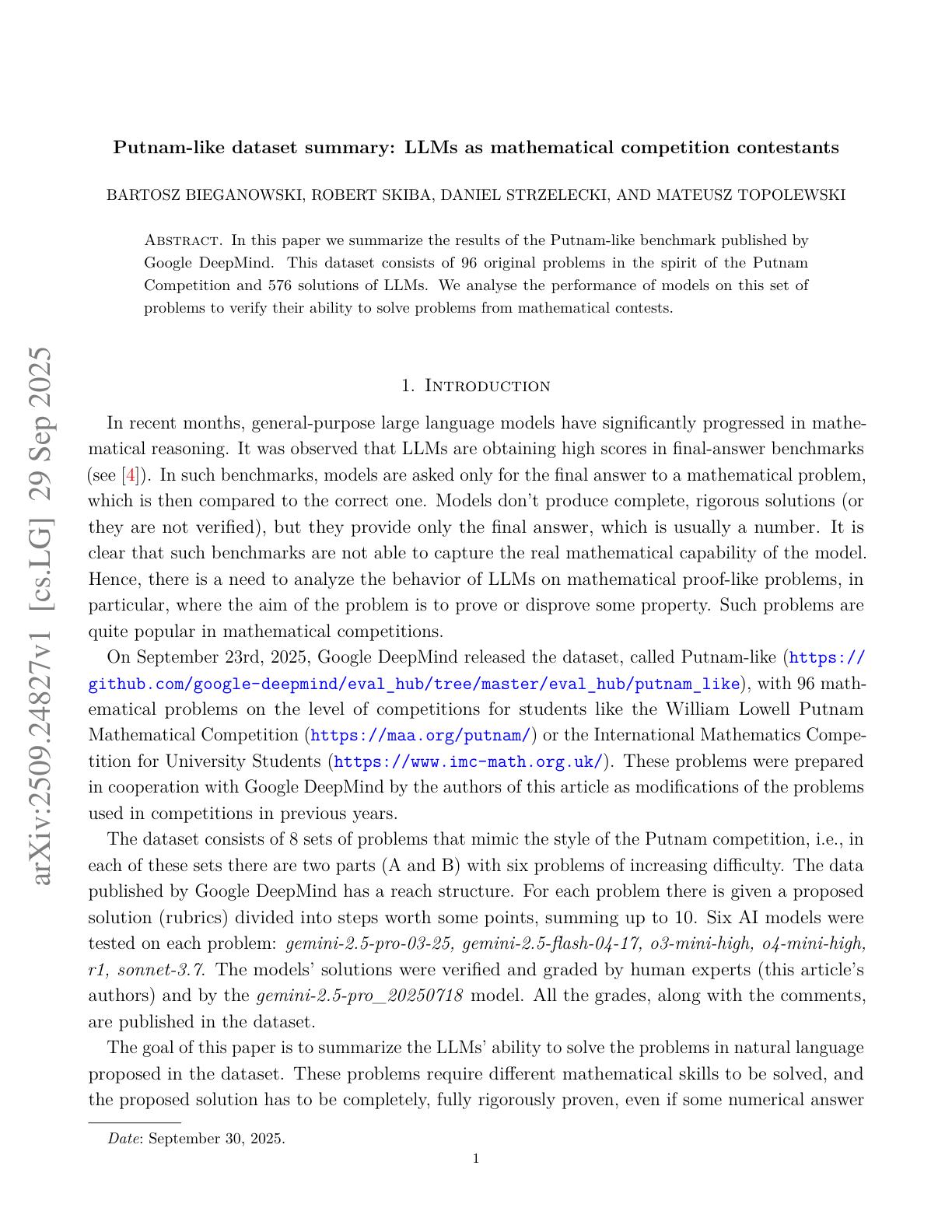 Putnam-like dataset summary: LLMs as mathematical competition contestants