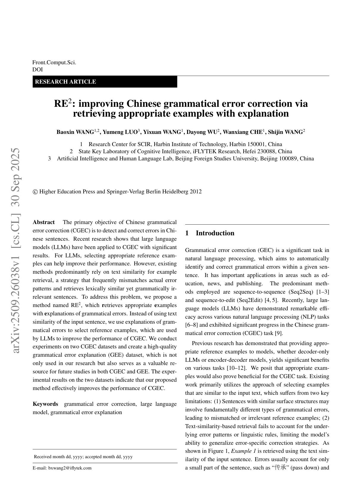 RE$^2$: Improving Chinese Grammatical Error Correction via Retrieving ...