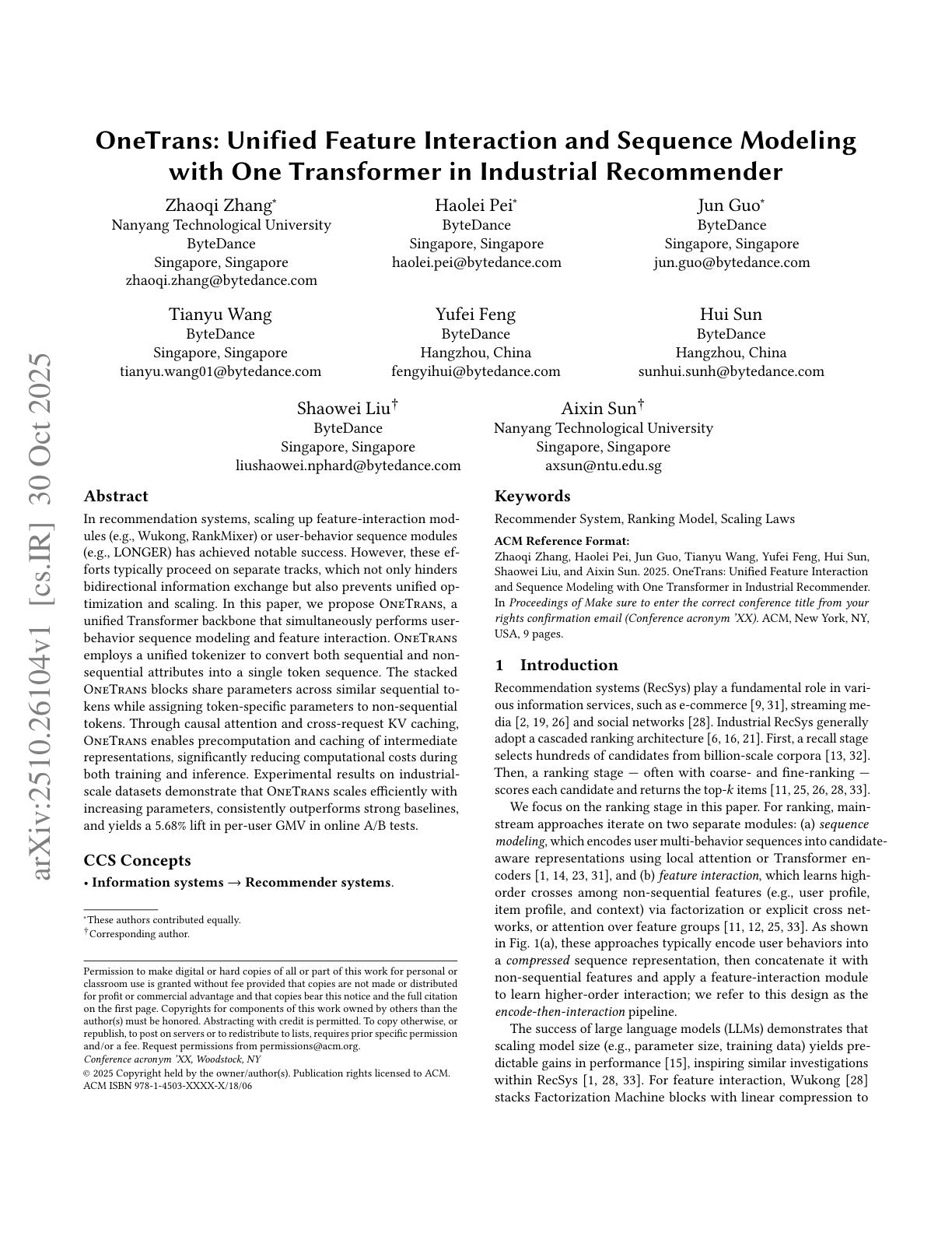 OneTrans: Unified Feature Interaction and Sequence Modeling with One ...