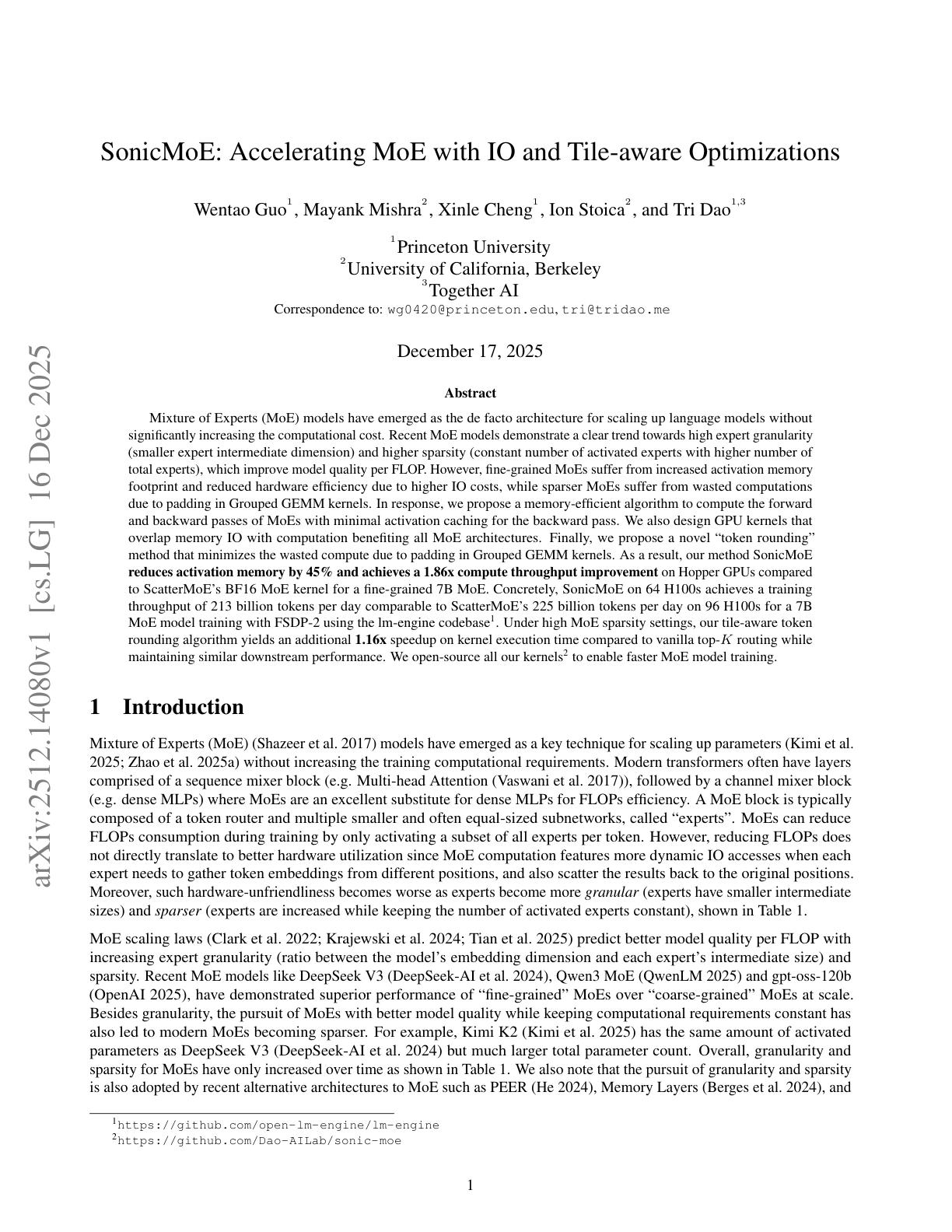SonicMoE: Accelerating MoE with IO and Tile-aware Optimizations