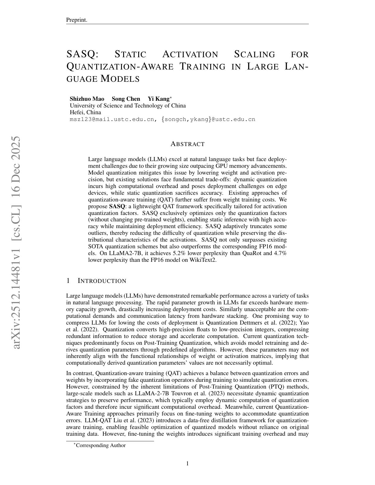 SASQ: Static Activation Scaling for Quantization-Aware Training in ...